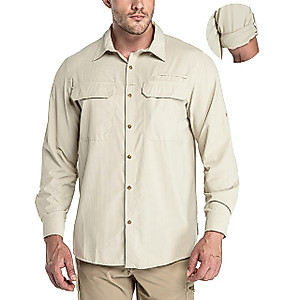 33,000ft Men's Long Sleeve Sun Protection Shirt UPF 50+ UV Quick Dry Cooling Fishing Shirts for Travel Safari Camping Hiking Khaki