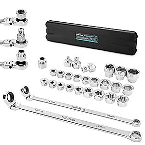 DURATECH 27PCS Extra Long Flex Head Ratcheting Wrench Set, 8-22mm, Double Box End Ratchet Wrench Set with E-type 8-22mm Replacement Heads, 10x19mm, 1/4", 3/8", 1/2" Socket Adapters