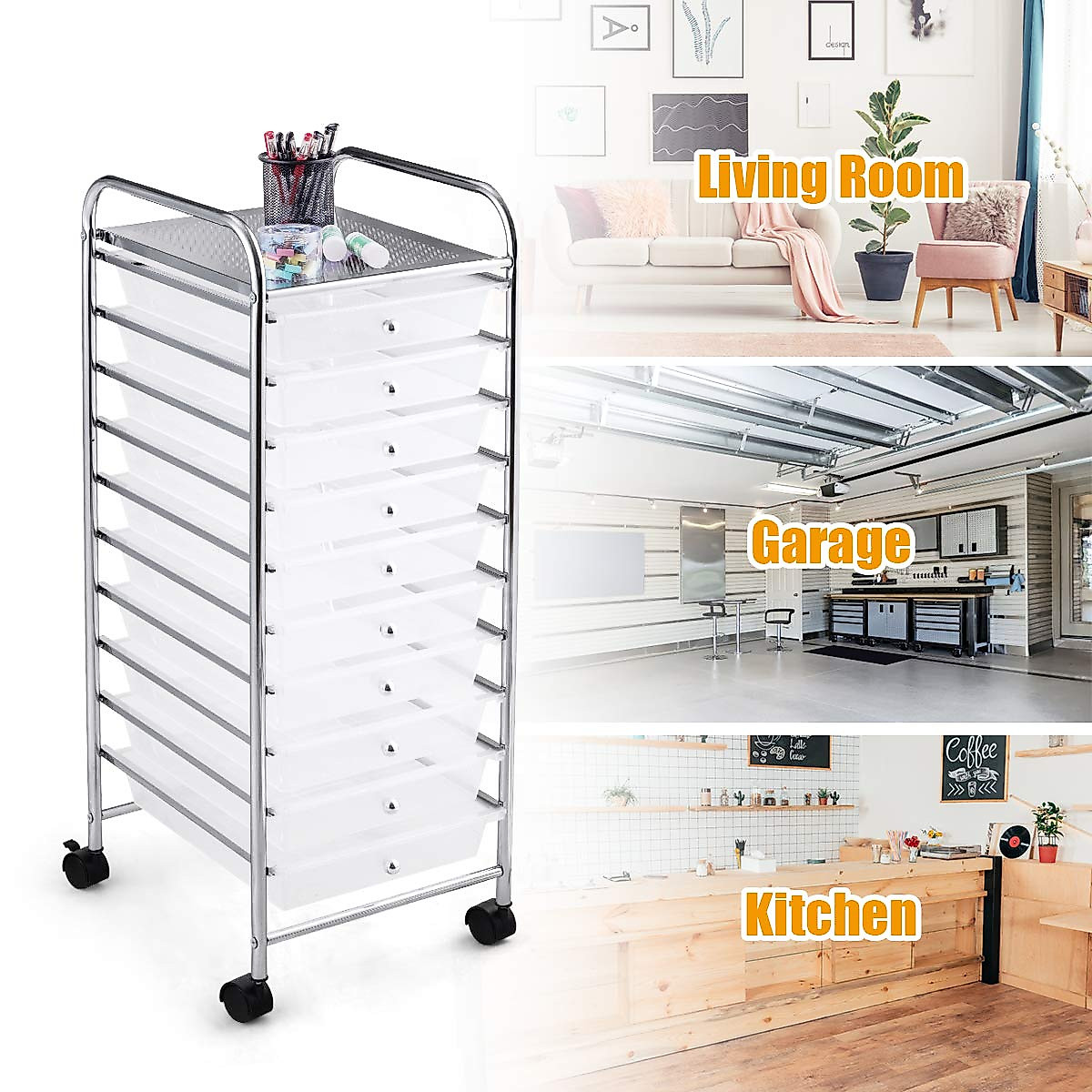 SILKYDRY Rolling Storage Cart with 10 Drawers, Versatile Utility Cart with Wheels for Tool Paper Scrapbook Art Supply, Mobile Craft Organizer Cart for Home Office School (Clear)