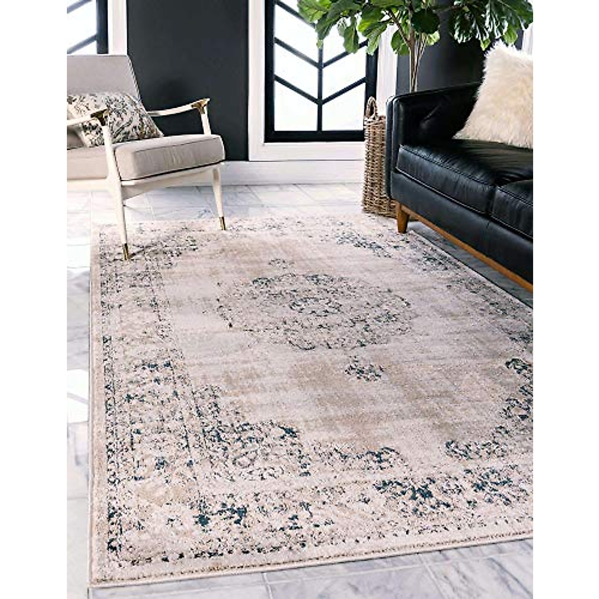 Unique Loom Leila Collection Traditional, Distressed, Medallion, Border, High-Low Pile, Vintage Area Rug, 3' 3" x 5' 3", Tan/Navy Blue