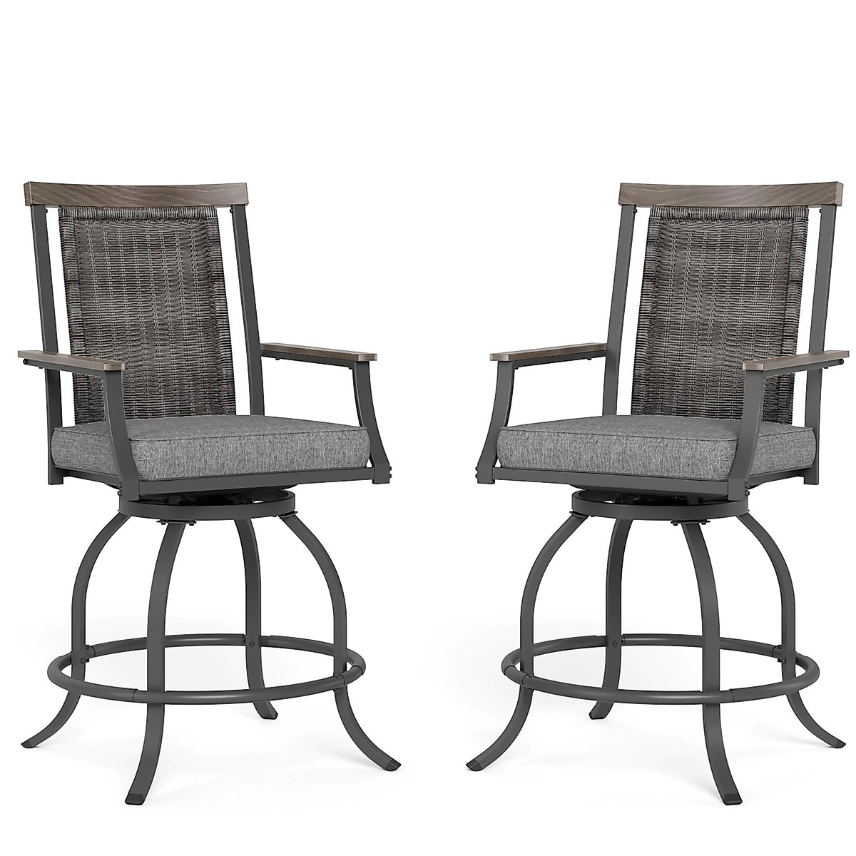 MFSTUDIO Outdoor Counter Height Bar Stool Set of 2, Swivel Rattan Backrest Metal Patio Bar Chair with Armrest and Cushion, All Weather Resistant Patio Chair, Grey