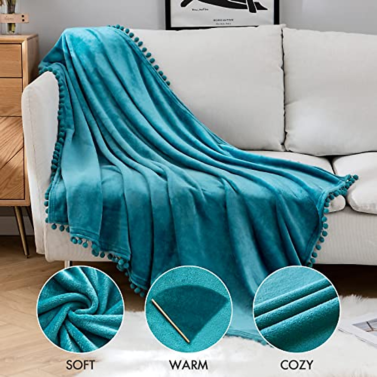 MIULEE Fleece Blanket with Pompom Fringe, Soft Cozy Lightweight Flannel Bed Blanket Fuzzy Plush Warm Teal Blanket Decorative Tassel for Couch Sofa, Throw Size 50"x60", Turquoise Blue