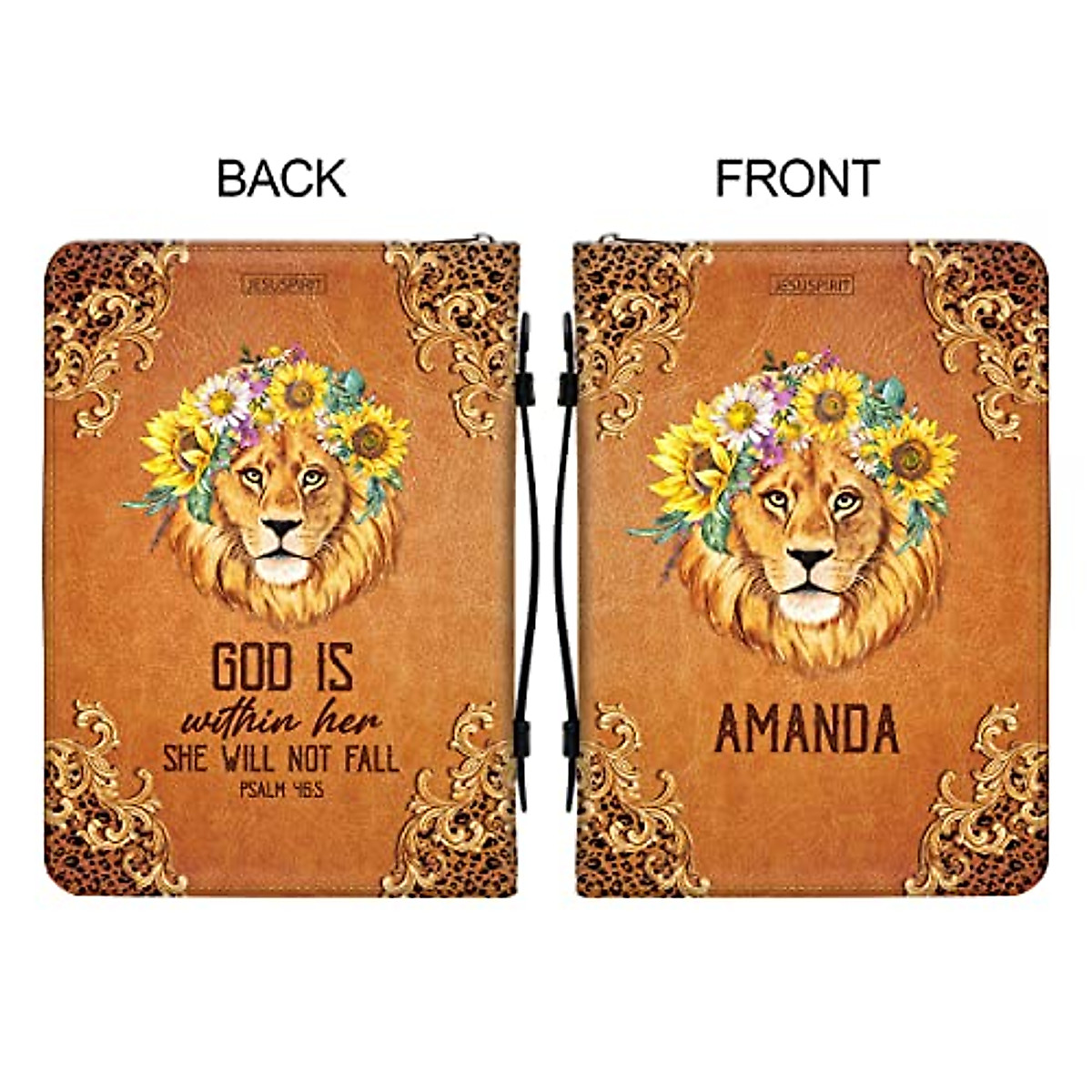 Jesuspirit Personalized Zippered Bible Cover with Handle Large Size - Lion & Sunflower Customized Leather Bible Case - God is Within Her, She Will Not Fall - Psalm 46:5 - Ideal Gift for Church Ladies