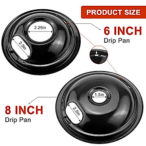 W10290350 W10290353 Black Porcelain Burner Drip Pans By AMI PARTS - Replacement for Whirl-pool Electric Range Cooktop - Includes 2 8-Inch and 2 6-Inch Pans