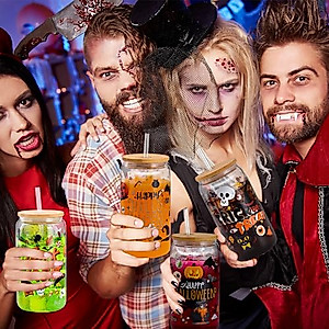 pengtai Halloween Gifts Cups,Halloween Glass Tumbler,16oz Halloween Iced Coffee Cups With Lids and Straw,Can Shaped Glassware Halloween Party Favors Pumpkin Ghost Cups Gift Set of 8