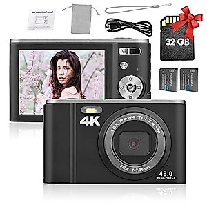Andoer Portable Digital Camera 48MP 4K 2.8-inch IPS Screen 16X Zoom Self-Timer 128GB Extended Memory Face Detection Anti-Shaking with 2pcs Batteries 32GB Memory Card Hand Strap Carry Pouch