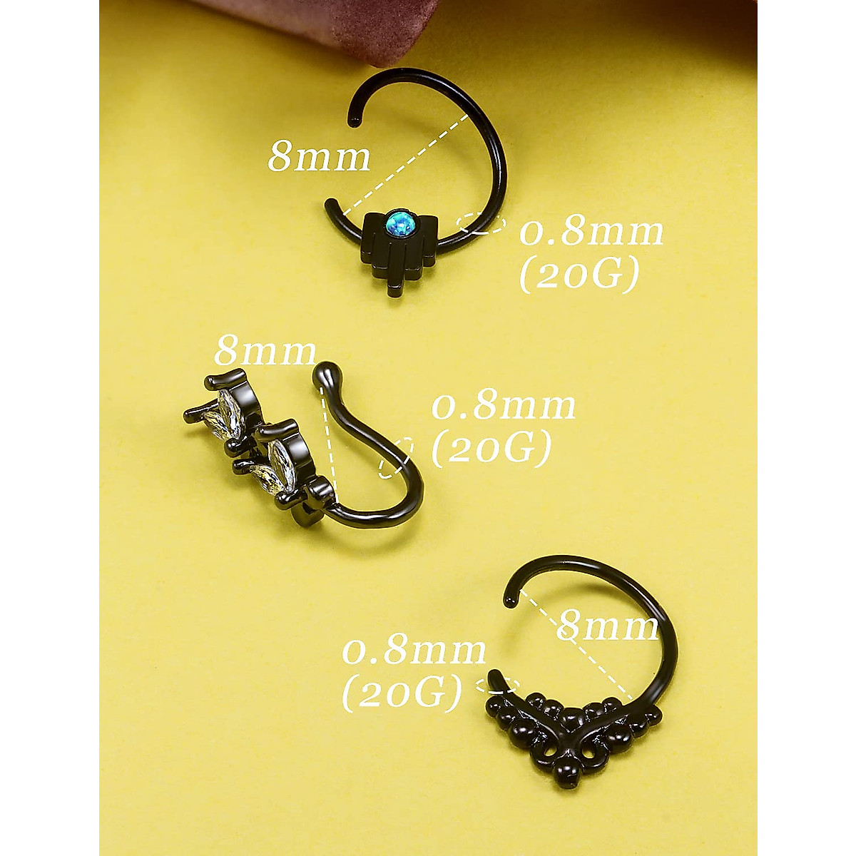 8Pcs 20G Nose Rings Hoop Chain Piercing Surgical Steel Fake Faux Nose Septum Ring Jewelry for Women Crystal Leaf Butterfly Rook Helix Cartilage Daith Piercing Jewelry,Black Nose Clip 8mm Cuffs