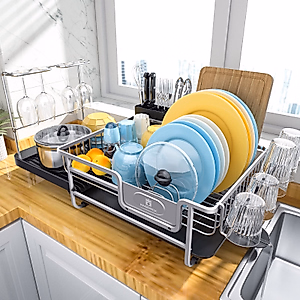 KINGRACK Expandable Dish Drying Rack,Aluminium Foldable Dish Racks for Kitchen Counter,Adjustable Dish Drying Rack with Drainboard Set Swivel Spout,Removable Utensil Holder,Cups Holder,Black