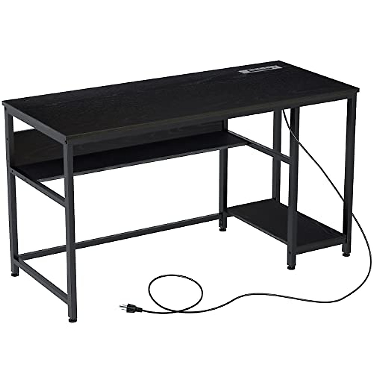 Rolanstar Computer Desk 55” with Power Outlet & Storage Shelves, Home Office PC Desk with USB Ports Charging Station, Writing Study Desktop Table with Stable Metal Frame, Black