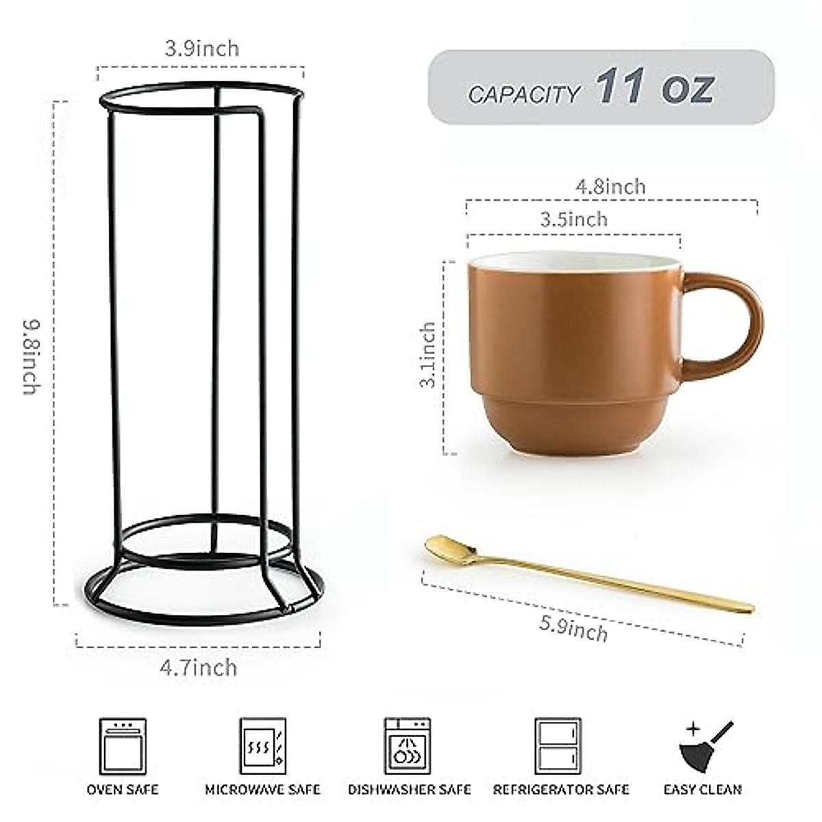 YHOSSEUN 11 Oz Coffee Mug Set Porcelain Stackable Mug with Stand and Metal Spoon - Tea Cups Demitasse Cups for Drinks, Espresso, Latte - Porcelain Stackable Coffee Mugs with Rack Set of 4, Brown