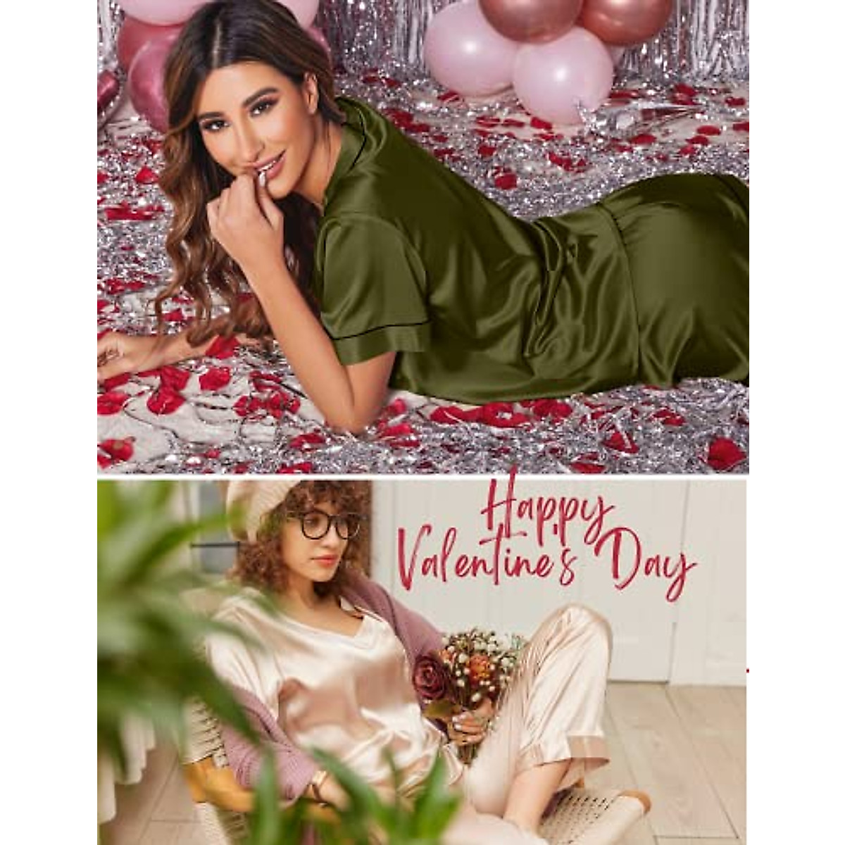 Ekouaer Women Satin Sleepwear Slip 2 Piece Pajamas Silk Pjs Short Sleeve Top and Loose Shorts Outfits Set Army Green XL