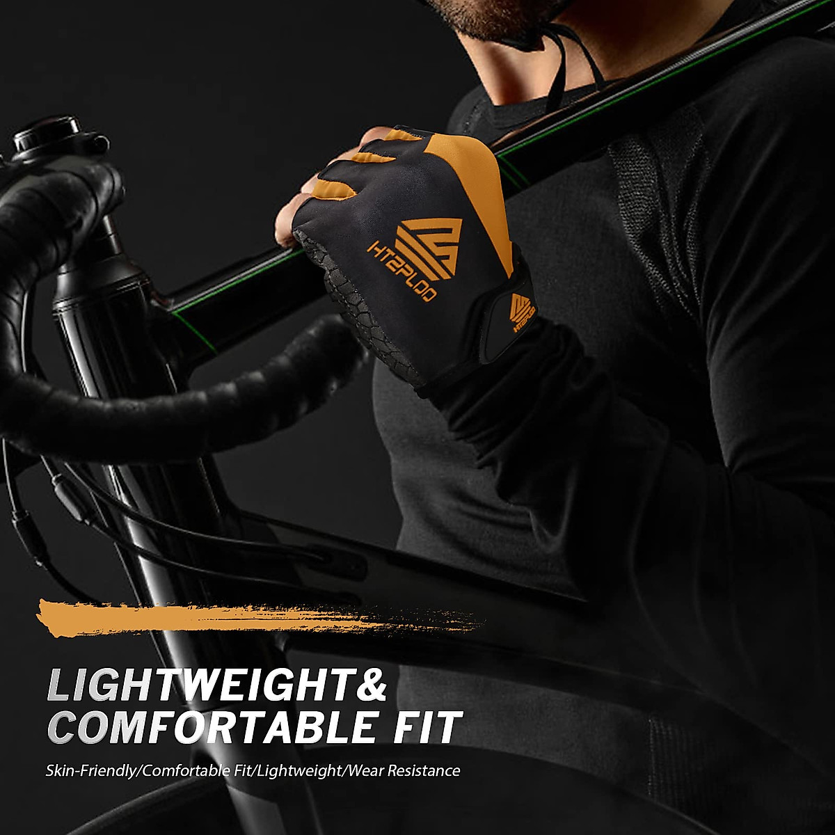 HTZPLOO Bike Gloves Cycling Gloves Biking Gloves Half Finger Bicycle Gloves for Men Women with Anti-Slip Shock-Absorbing Pad,Light Weight Mountain Bike Gloves (Black&glod, Large)