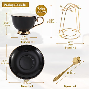 DUJUST Tea Cups and Saucers Set of 4 (7.4oz), Luxury Tea Cup Set with Golden Trim, Black Coffee Cups with Metal Stand, British Porcelain Tea Party Set - Black