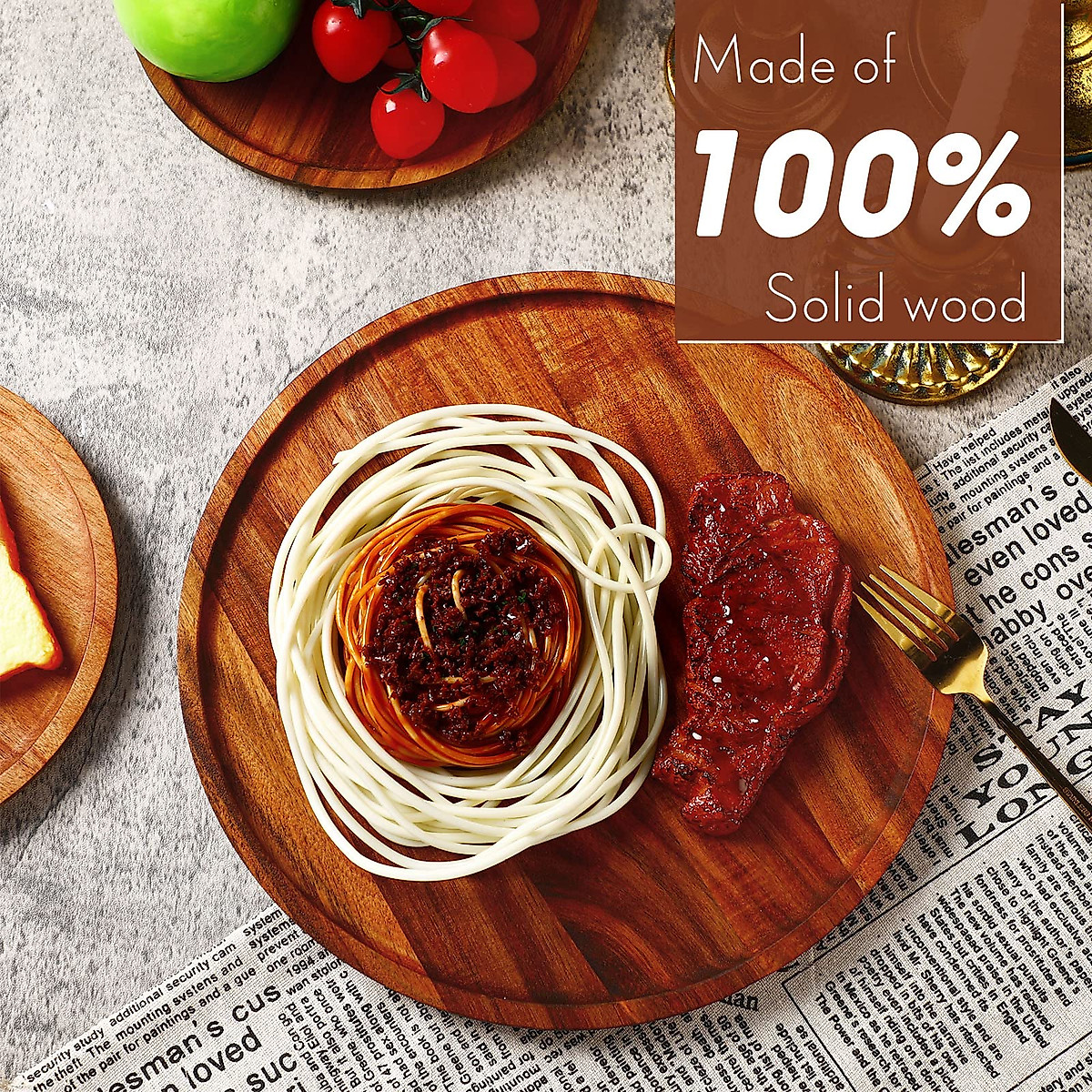 Rtteri 10 Pieces Acacia Round Wood Plates 12 Inch Dinner Plates Wooden Charger Plates Bulk Easy Cleaning Lightweight Serving Plates for Dishes Snack Dessert