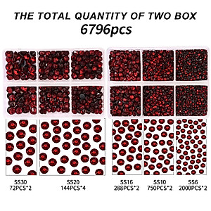MEIBITE 6796PCS Red Hotfix Rhinestones Crystal Stones Glass for Fabric Clothes Shirts Sparkly Flat Back Round with Tweezers and Picking Pen (SS6~SS30 Set)