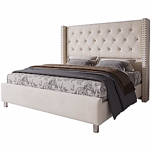 Jocisland Queen Bed Frame Upholstered Bed Wingback Headboard Velvet Tufted Diamond Button/No Box Spring Needed/Easy Assembly/Cream