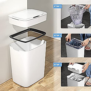 Touchless Trash Can with Lids, 14L Wastebasket Plastic Recycling Bin, Automatic Motion Sensor Kitchen Garbage Can, 3.7 Gallon Small Waste Container Bin for Home, Office, Bathroom, Living Room (White)
