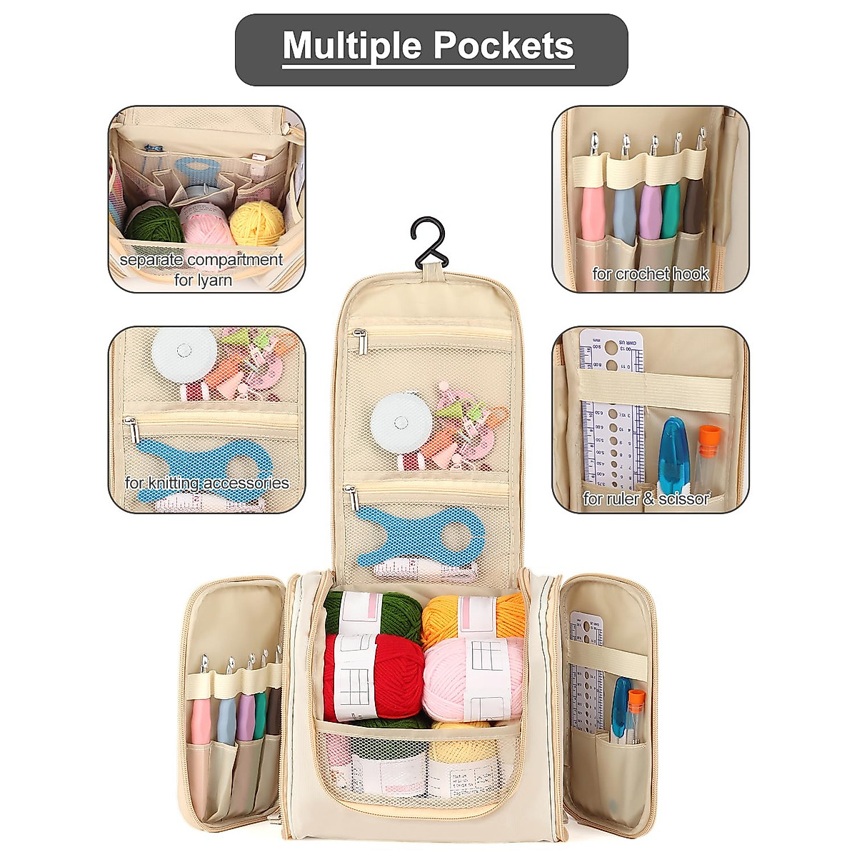 Katech Crochet Bag Yarn Storage Organizer, Yarn Bags for Crocheting With Hanging Hook, Crochet Travel Bag for Crochet Hook, Knitting Accessories Project, Crochet Tote Bag White