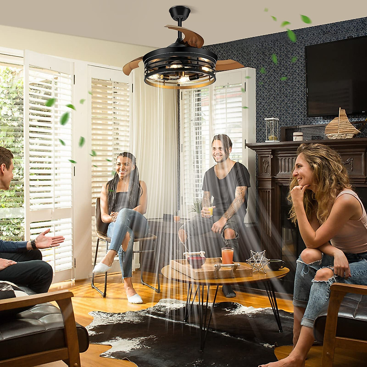 NEWORB 42Inch Retractable Ceiling Fans with Lights Remote Control Black Caged Ceiling Fans Farmhouse Vintage Industrial Ceiling Fan with Lights for Living Room Bedroom Kitchen Patio