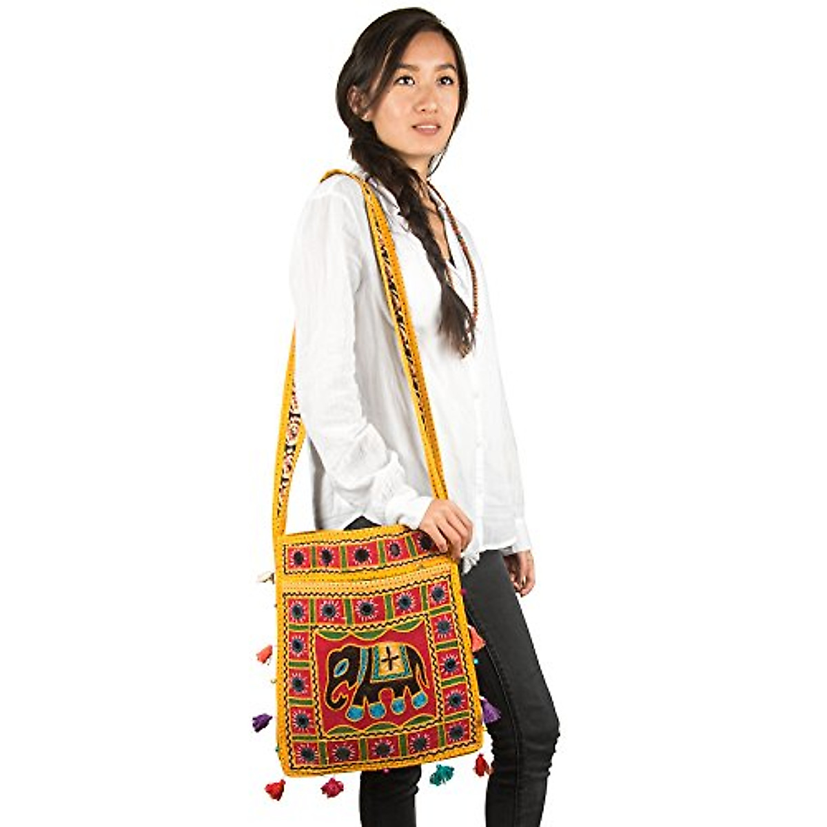 Tribe Azure Hobo Cross Body Elephant Messenger Shoulder Bag Mirror Embroidered Roomy Women Purse Tote Colorful Casual Everyday Hippie Boho (Mustard)