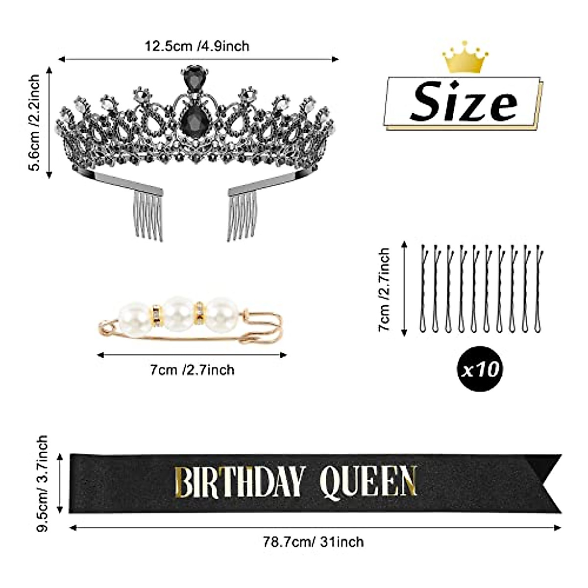 Makone Black Birthday Tiara for Women, Birthday Queen Sash & Rhinestone Tiara Set with Combs, Crystal Hair Accessories Glitter Sash for Women Girls Bridal Wedding Prom Birthday