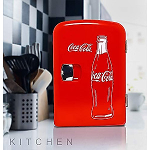 Coca-Cola Classic Coke Bottle 4L Mini Fridge w/ 12V DC and 110V AC Cords, 6 Can Portable Cooler, Personal Travel Refrigerator for Snacks Lunch Drinks Cosmetics, Desk Home Office Dorm, Red