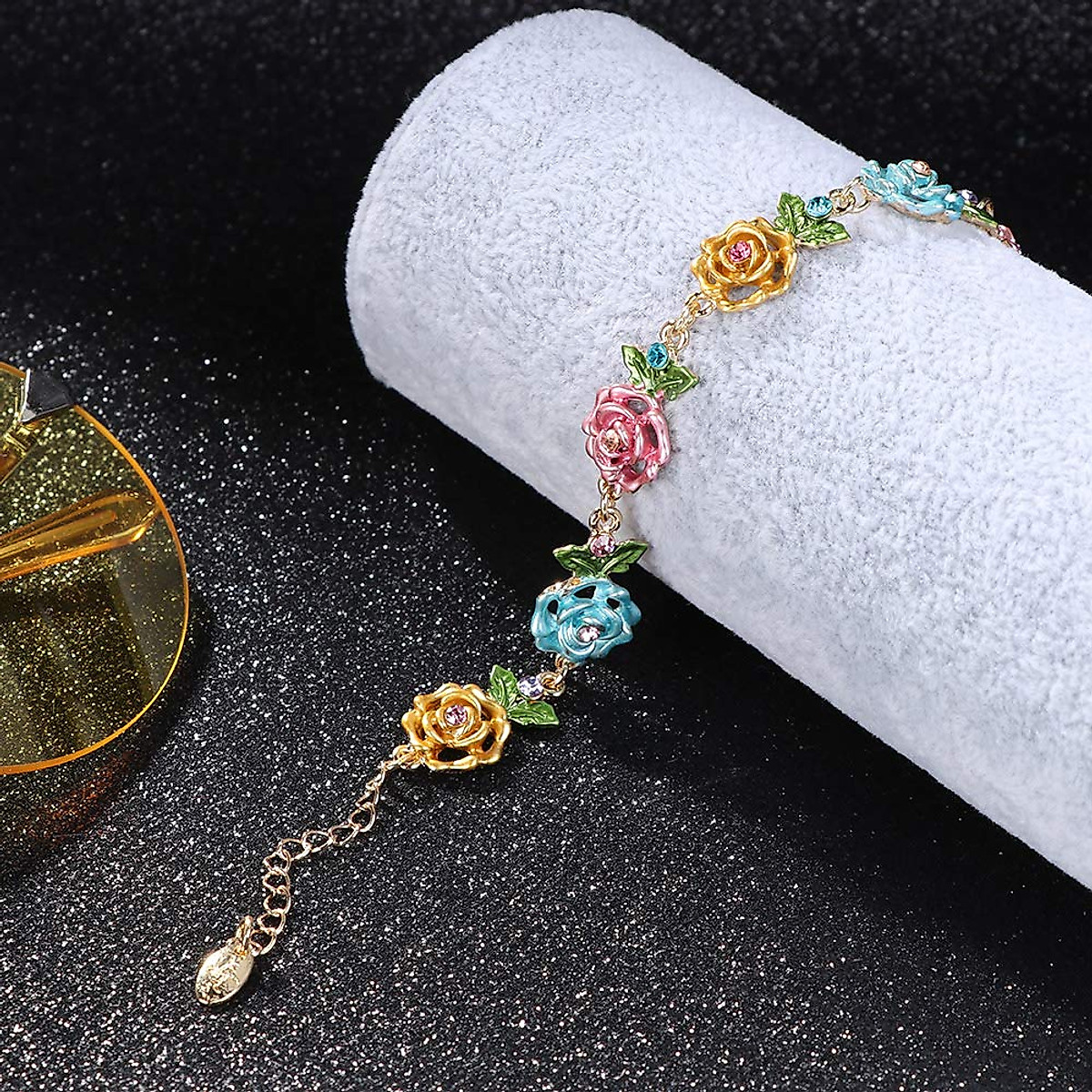 Puadun Elegant Cloisonne Flower and Leaf Bangle Bracelet with Sparkling Rhinestone Charm and Adjustable Extension Chain - Gift for Women, Comes in Gift Box
