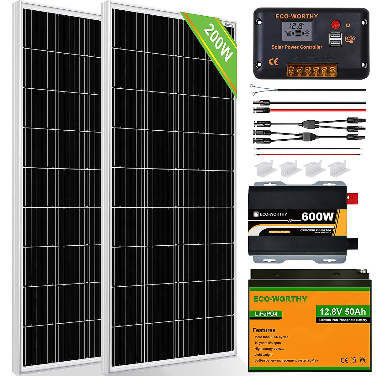 ECO-WORTHY 200 Watt 12V Complete Solar Panel Starter Kit for RV Off Grid with Battery and Inverter: 200W Solar Panels+30A Charge Controller+50Ah Lithium Battery+600W Solar Power Inverter