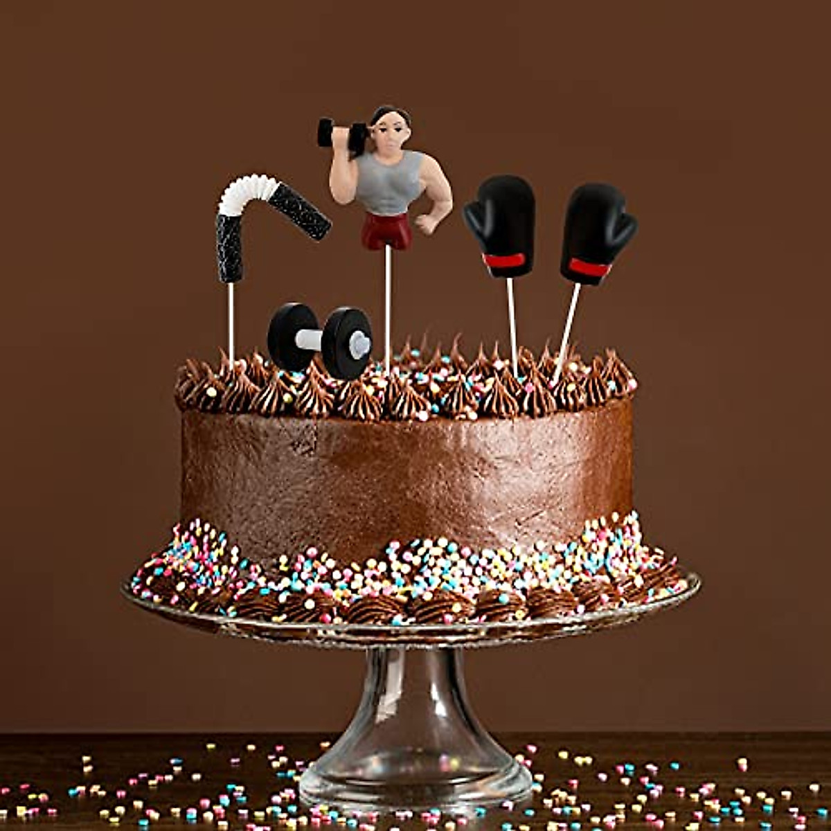 Ercadio 5 Pack Resin 3D Weight Lifting Workout Cake Toppers with Barbell Boxing Gloves Nunchaku Cake Picks Bodybuilding Cake Decor Fitness Gym Theme Cake Toppers for Birthday Party Supplies