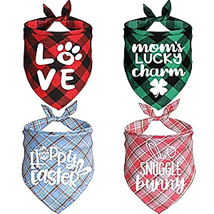 JOTFA 4 Pack Valentine's Day St. Partick's Day Easter Dog Bandanas, Holiday Plaid Dog Puppy Bandana Scarf Costume for Small Medium Large Dogs Pets
