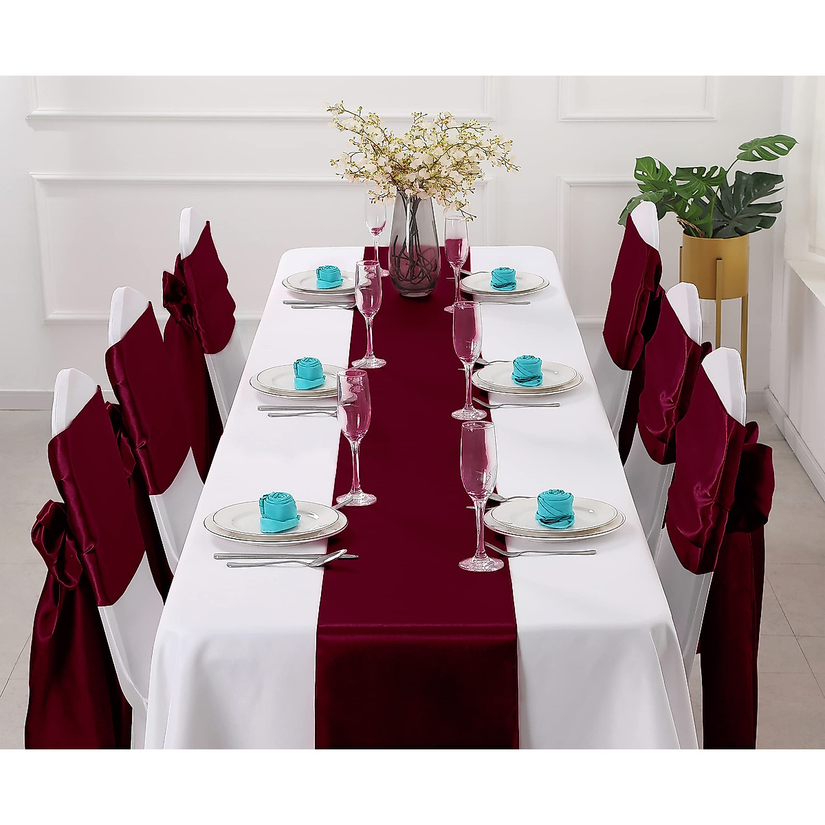 Horbaunal 12 Pack Burgundy Satin Table Runner 12 x 108 Inch, Smooth Table Runners for Wedding Banquets Birthday Party