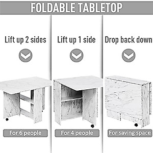 DINAZA Folding Dining Table Drop Leaf Table for Small Spaces with Storage Racks Multifunction Space Saving Table Extension Dinner Table for Kitchen Bedroom Dining Room White Marble