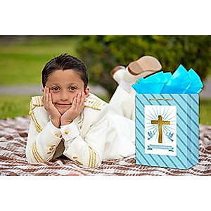 FLYAB First Holy Communion Gift Bag for Girls Boys 11.5" Easter Religious Cross Christian Gift Bag with Tissue Paper Baptism Gift Bag with Handle Christenings Confirmations Gifts for Baby Boys Girls