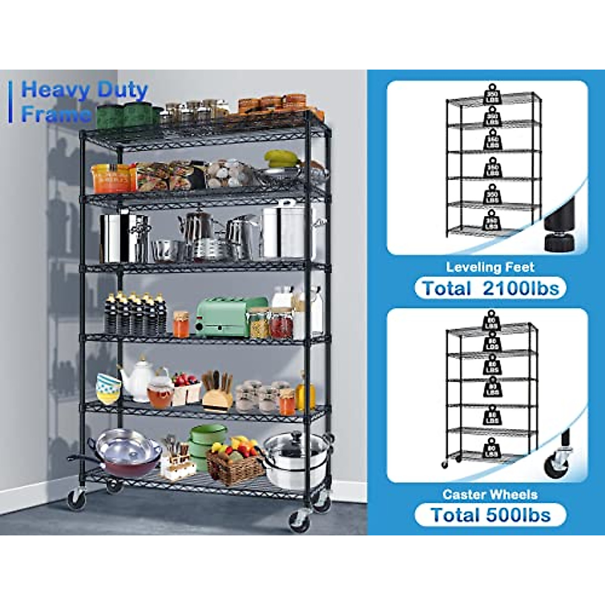 Haiput Wam Storage Shelves, 6 Tier Steel Wire Metal Shelving with 2100 Lbs Capacity for Kitchen Restaurant Pantry, Wire Shelving Storage Rack Shelves for Storage with Wheels and Feet -18x48x72