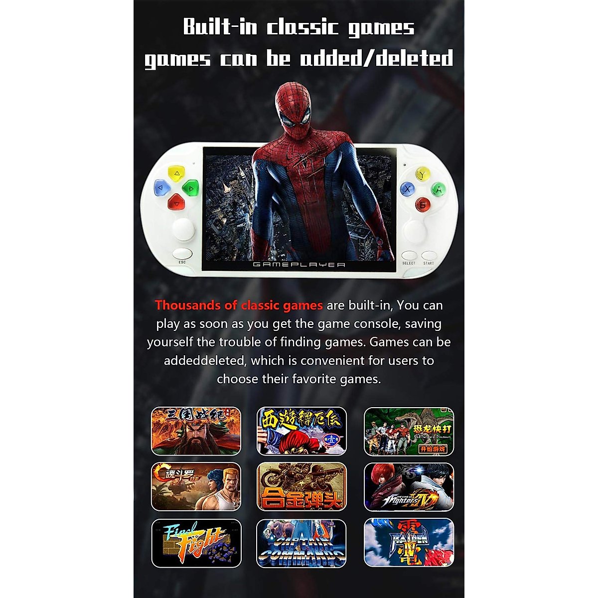 CZT 5.1-inch multi-function video game console color crystal buttons built-in 9600 games MP3MP4 lithium battery game archive AV OUT DV/DC hand-held gaming device (White)