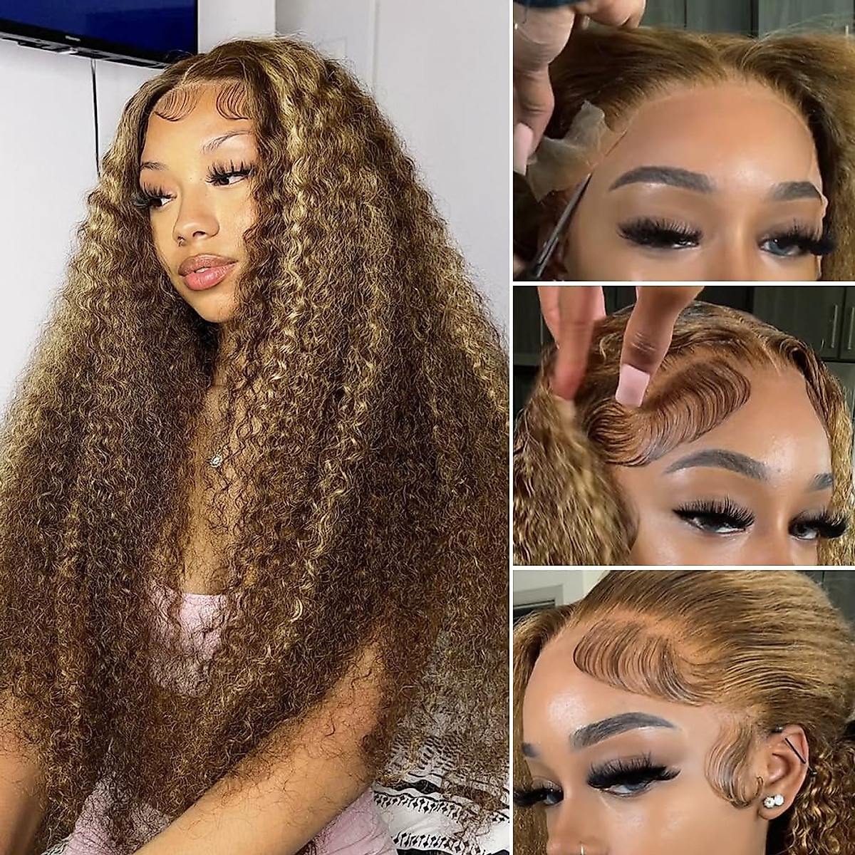 CYNOSURE 13x5 Curly Honey Blond Ombre Color Highlight Lace Front Human Hair Wigs for Women Invisible Pre Plucked (24 Inch, Highlight)