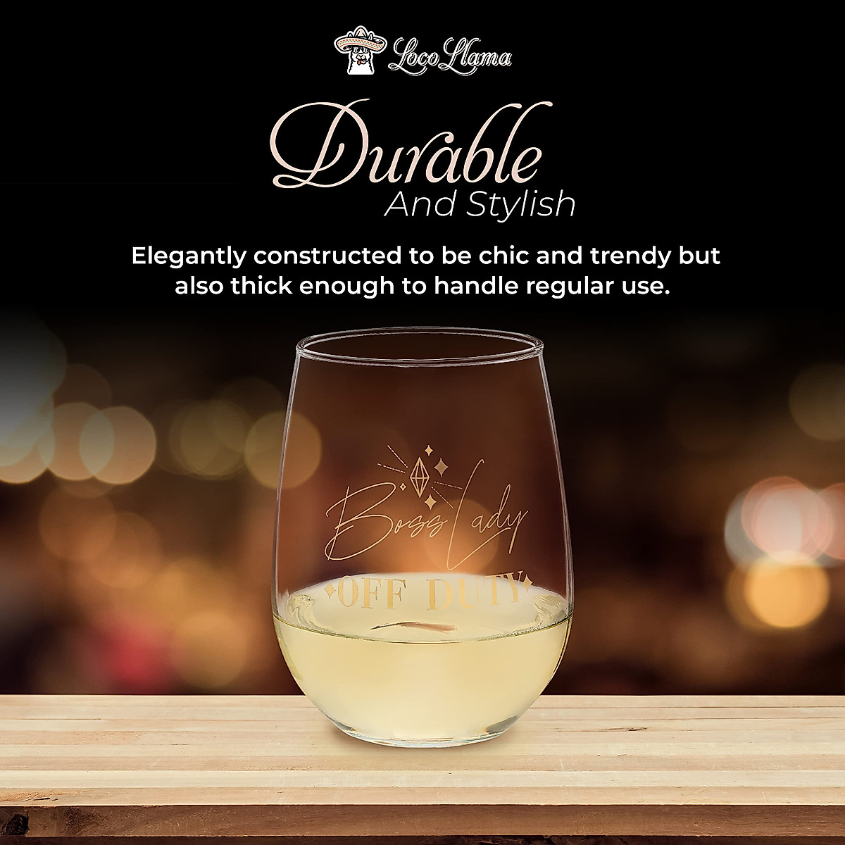 Loco Llama Boss Lady Off Duty Stemless Wine Glass | 17oz Tumbler with Inspirational Quote | Embellished with Real Gold | Self Care Gift For Working Women, Entrepreneurs & Business Owners