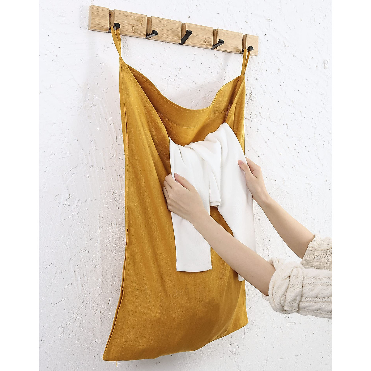 Amazhiyu Pure Linen Over The Door Laundry Hanging Hamper Bag with Bottom Zipper for Holding Dirty Clothes Yellow