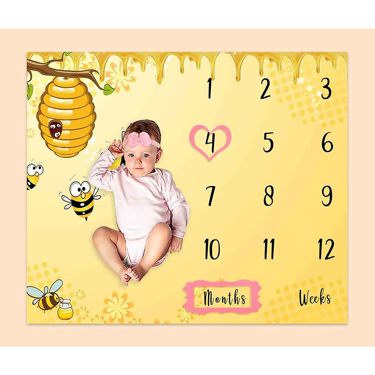 PHMOJEN Baby Age Milestone Blanket, Bee Honeycomb Blanket for Nursery, Baby 1-12 Months Growth Chart, Includes 4 Frame and 1 Headband 47"x40" BTQQPH33