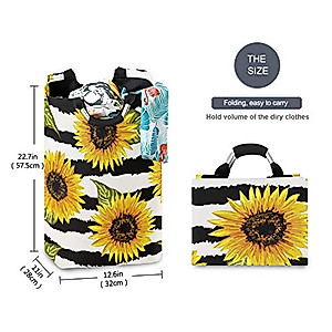 Large Sunflower Flora Stripe Laundry Bag Foldable Laundry Basket Collapsible Laundry Hamper Durable Storage Bin for College Dorm Bedroon Bathroom and Travel