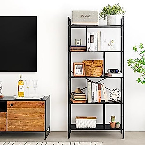 Yoobure 5 Tier Tall Book Shelf, Industrial Bookshelf Storage Bookcase, Open Wood Book Case, Rustic 5 Shelf Display Shelf for Living Room, Modern Standing Book Shelf for Bedroom, Home Office, Kitchen