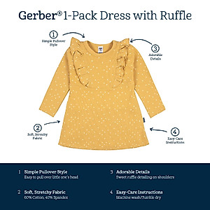 Gerber Baby Girls' Toddler Long Sleeve Dress with Ruffle Detail, Yellow Dots, 18 Months