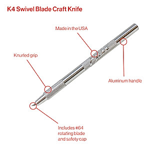 Excel Blades K4 Swivel Craft Knife with #64 Rotating Blade, Lightweight Aluminum Sharp Hobby Knife, Carving, Crafting Supplies Precision Cutting Tool.