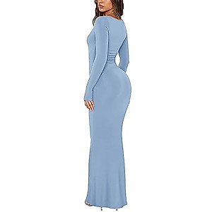 REORIA Women's Sexy Soft Lounge Ribbed Long Dress Fall Elegant Formal Wedding Guest Long Sleeve Deep V Neck Bodycon Maxi Dresses Blue Medium