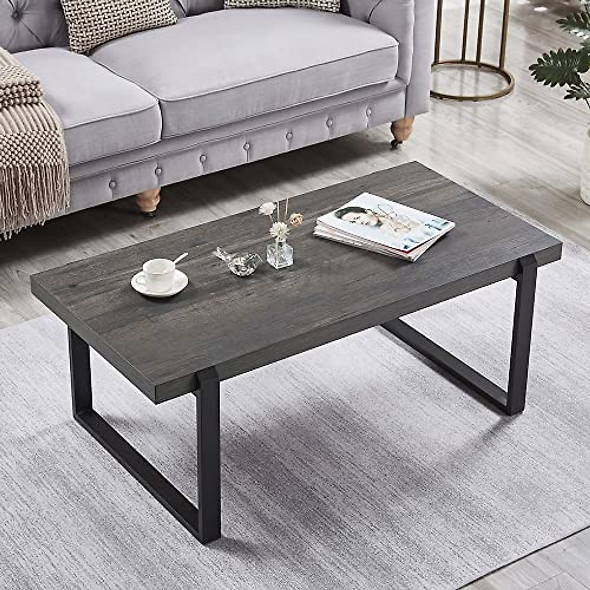 EXCEFUR Coffee Table, Rustic Wood and Metal Center Table, Modern Cocktail Table for Living Room, Grey