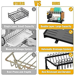 Harigal Dish Drying Rack, Large Capacity Dish Rack for Kitchen Counter, Stainless Steel 2 Tier Dish Rack, Kitchen Counter with Drainboard for Dishes, Knives, Spoons, and Forks