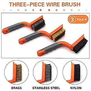 MAXMAN Wire Brush 3Pcs Brass/Stainless Steel/Nylon Wire Brushes for Cleaning Rust Bristle Brush Set with Rubber Curved Handle Grip Used for Dirt, Paint Remover (Orange+ Gray)