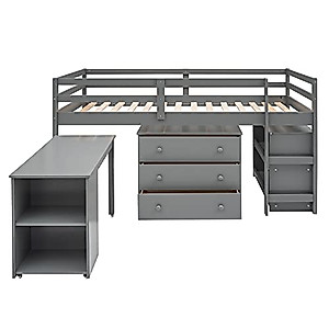 Harper & Bright Designs Low Loft Bed with Desk and Storage Drawers, Solid Wood Twin Loft Bed with Cabinet and Rolling Portable Desk - Gray