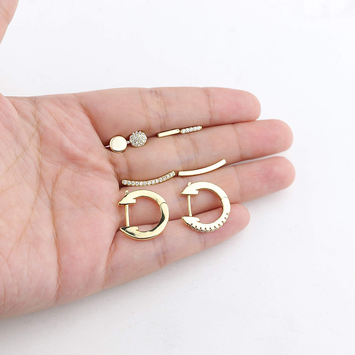 FIBO STEEL 8 Pairs Stainless Steel Star Bar Stud Earrings for Women Cute CZ Stud Earring Set Gold