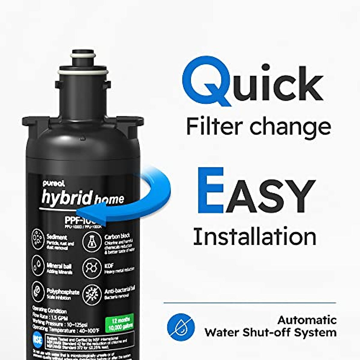 Pureal Hybrid Home PPU-1700D Under Sink Water Filter System with Faucet, 20K Gallons, NSF/ANSI 42&372, Mineral Sediment Carbon Block KDF Polyphosphate Filter for Scale & Lead & Chlorine